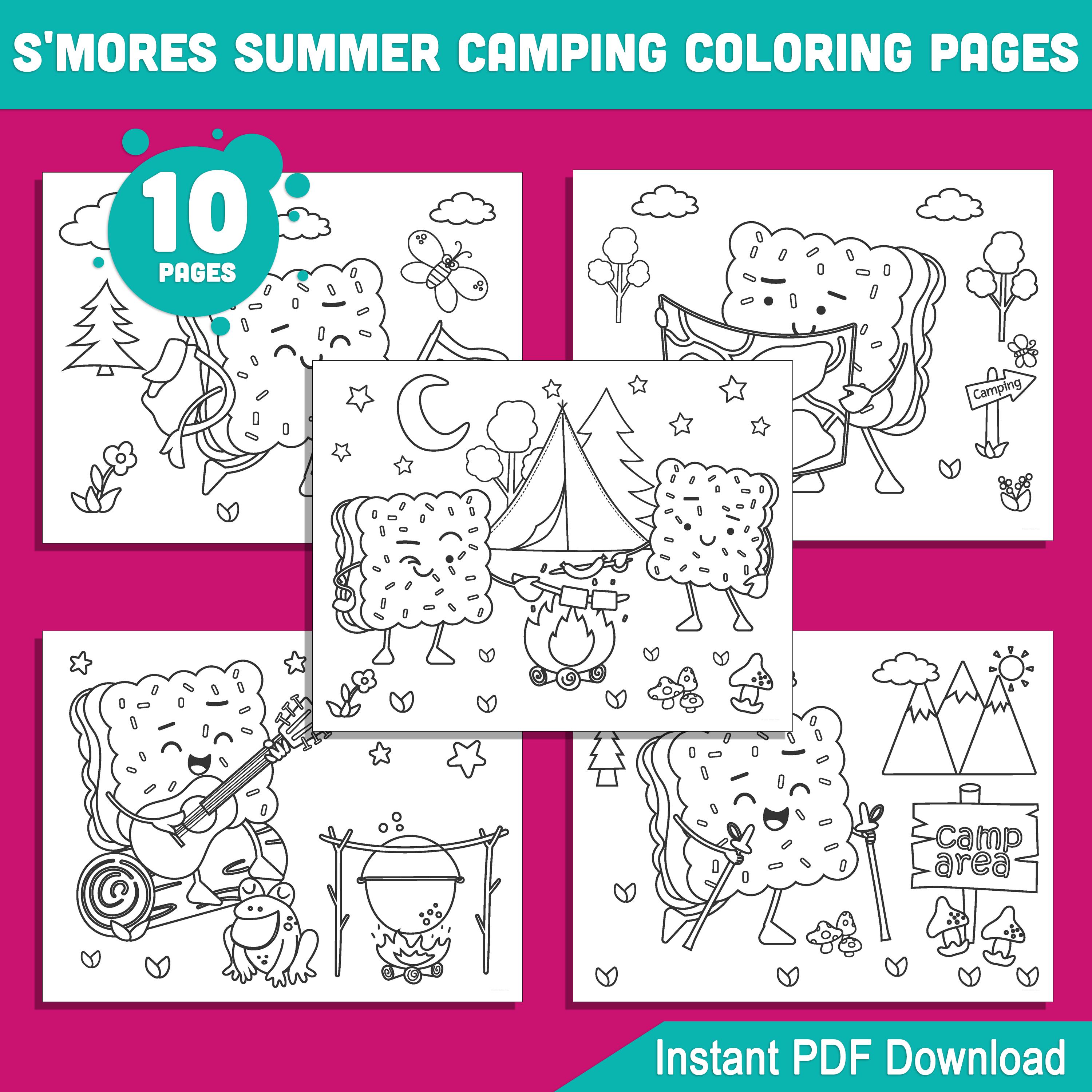 S'mores Summer Camping Coloring Pages for Kids, 10 Printable Sheets ...