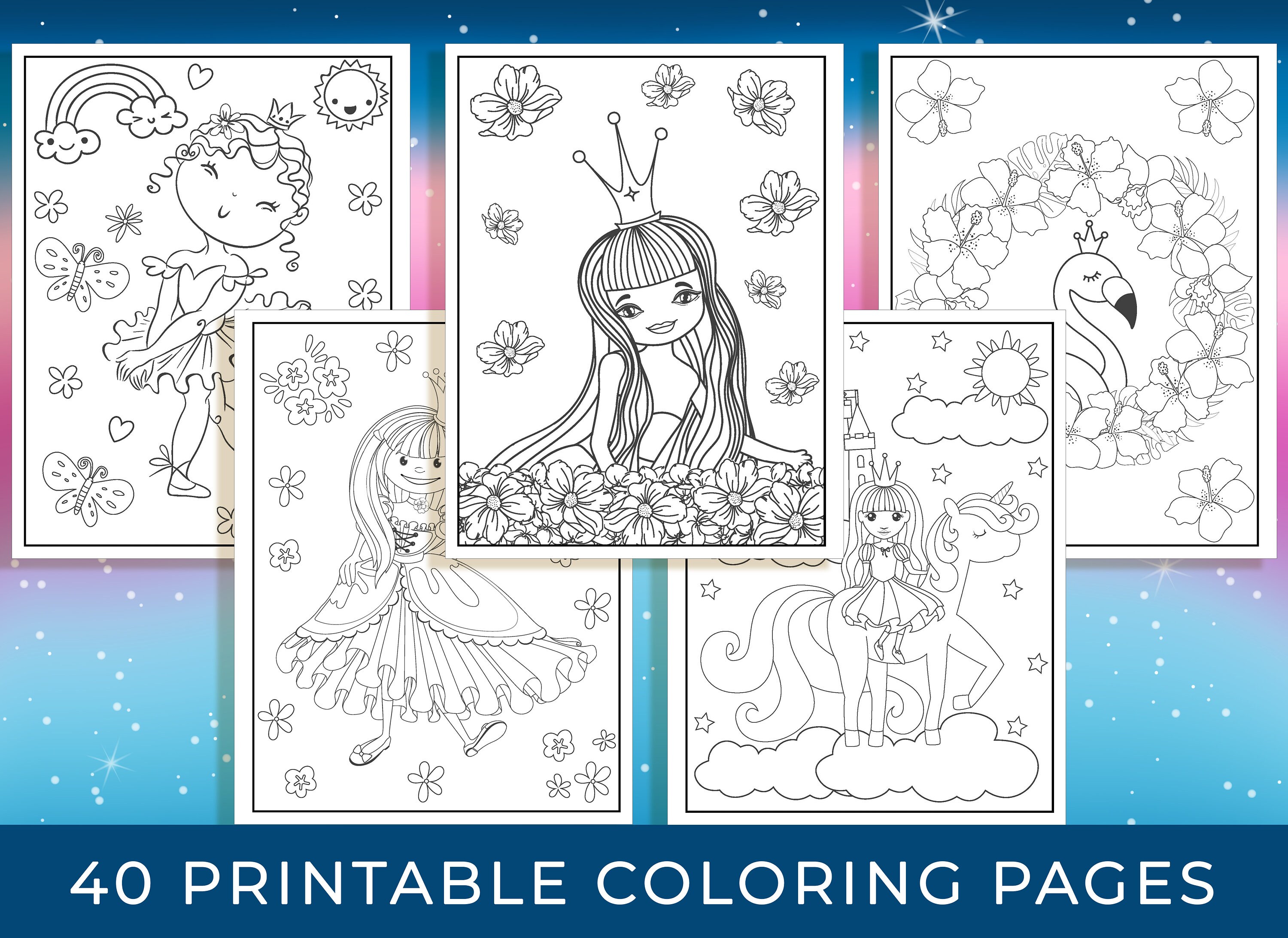 Princess Coloring Pages 40 Printable Princess Coloring Pages | Etsy