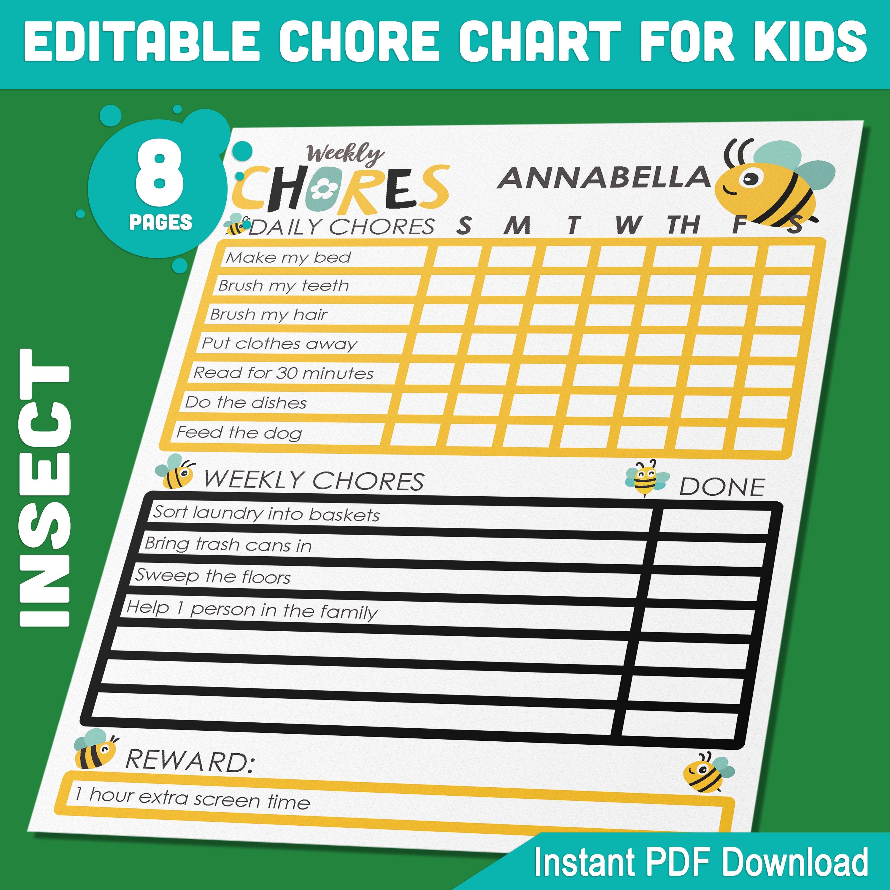 Editable Printable Chore Chart for Kids: Insect and Bee Theme ...