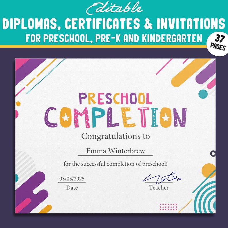 Editable Preschool Completion Certificates, End of the Year Diplomas ...