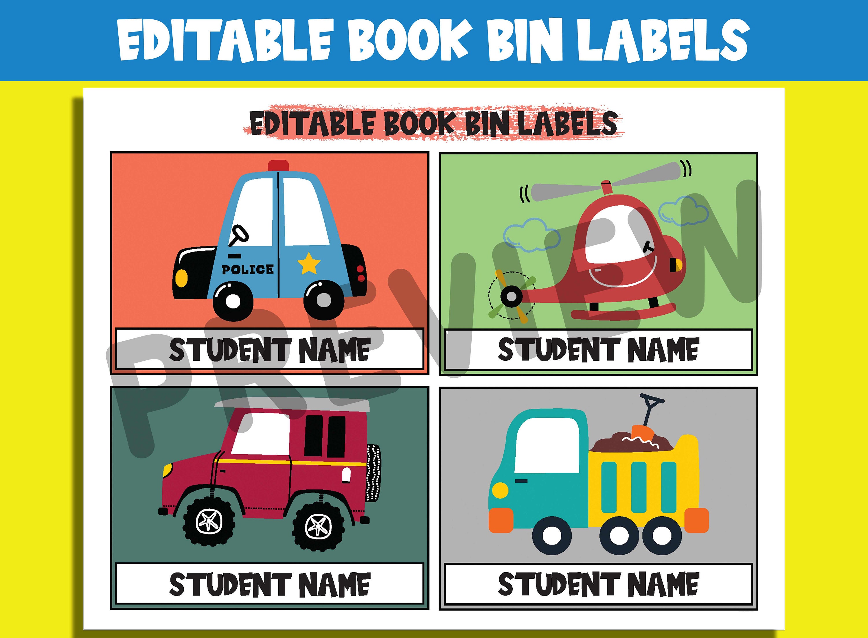 Editable Vehicle Book Bin Labels: 16 Customizable Designs for Perfect ...