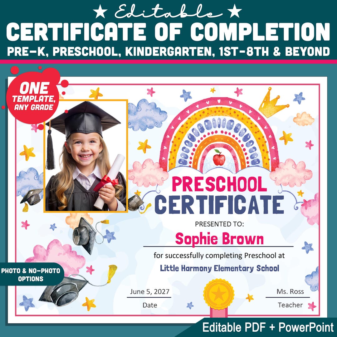 Editable Certificate of Completion or Diploma, Any Grade Graduation ...