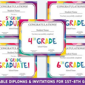 Editable 4th Grade Graduation, 1st to 8th Grade Diploma, Certificate of ...