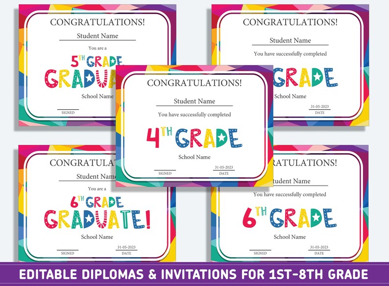 Editable 4th Grade Graduation, 1st to 8th Grade Diploma, Certificate of ...