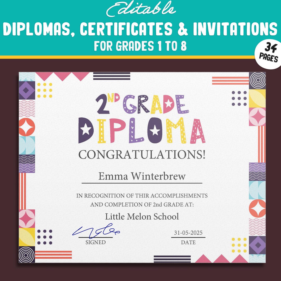 Editable 2nd Grade Diplomas, 1st-8th Grade Certificates, and Invitation ...