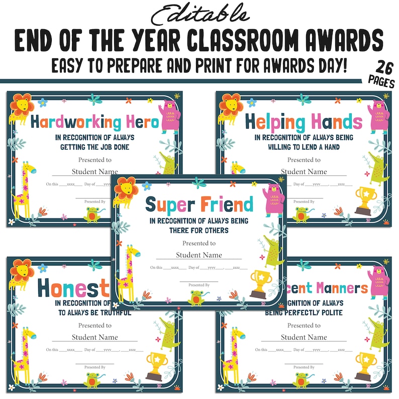 Printable & Editable Class Superlative Fun Classroom Awards for the End ...