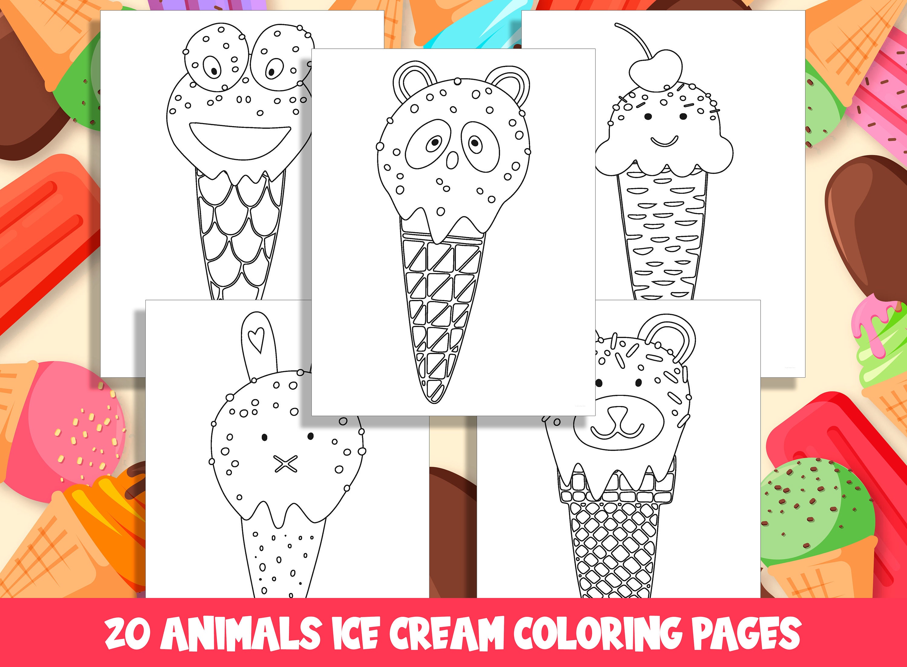 Ice Cream Animals Coloring Pages: 20 Fun Designs for Preschool - Etsy