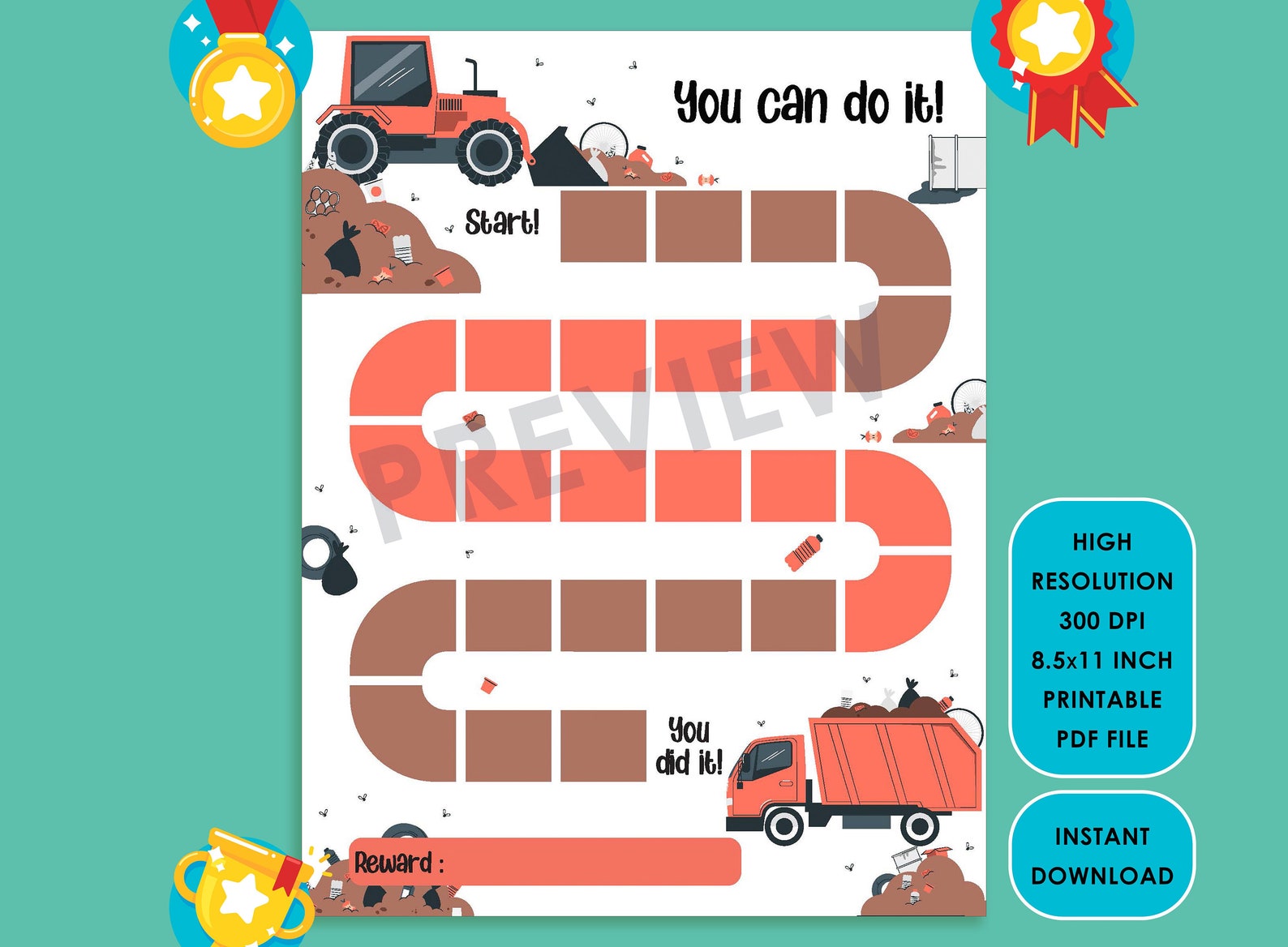 Printable Garbage Truck Reward Chart for Kids, Featuring a Working ...
