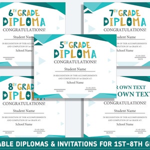 Editable 7th Grade Graduation, 1st to 8th Grade Diploma, Certificate of ...