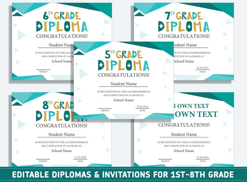 Editable 7th Grade Graduation, 1st to 8th Grade Diploma, Certificate of ...