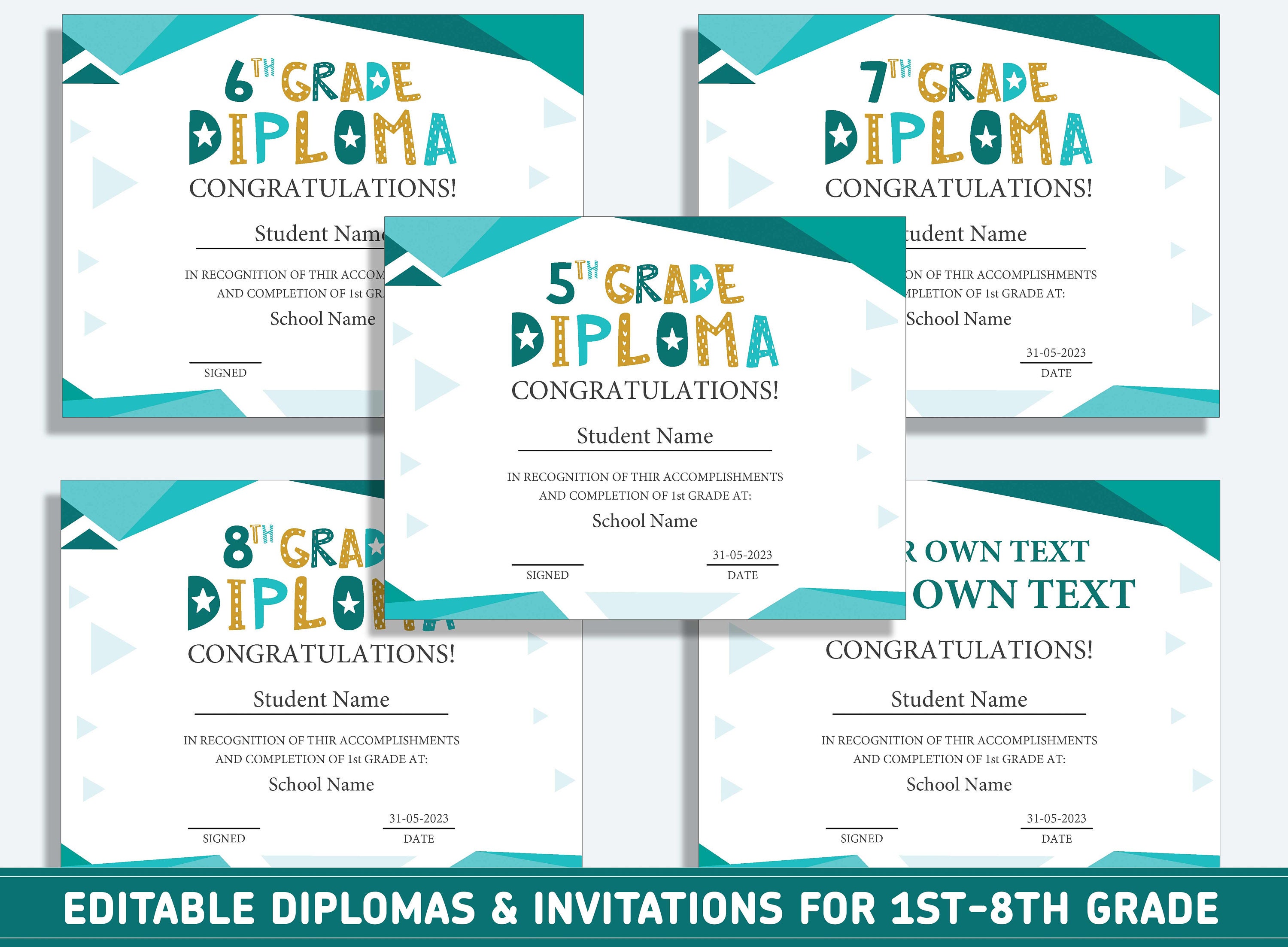 Editable 7th Grade Graduation, 1st to 8th Grade Diploma, Certificate of ...