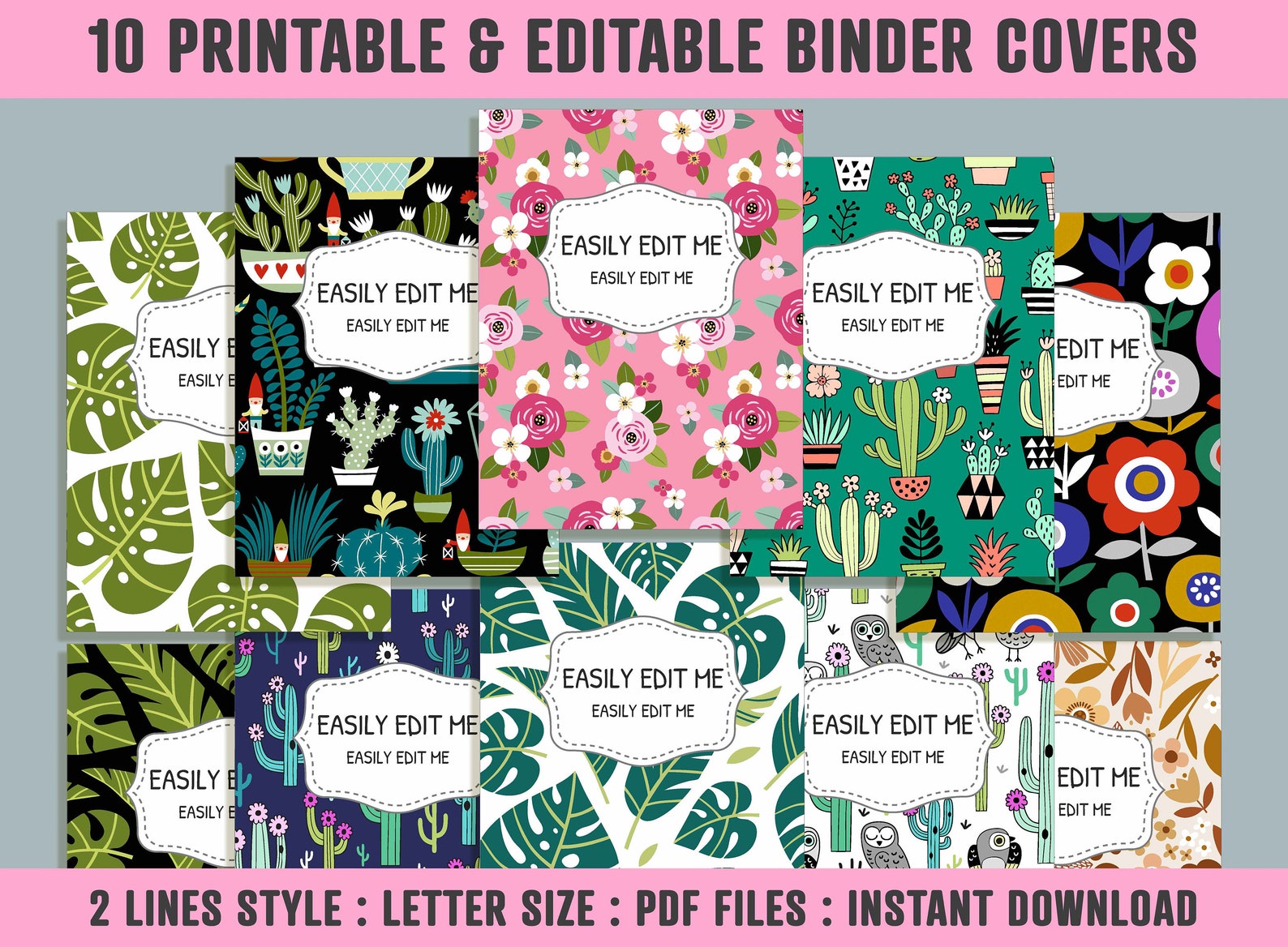 Flowers, Palm Leaves, Cactuses Binder Cover, 10 Printable/editable ...