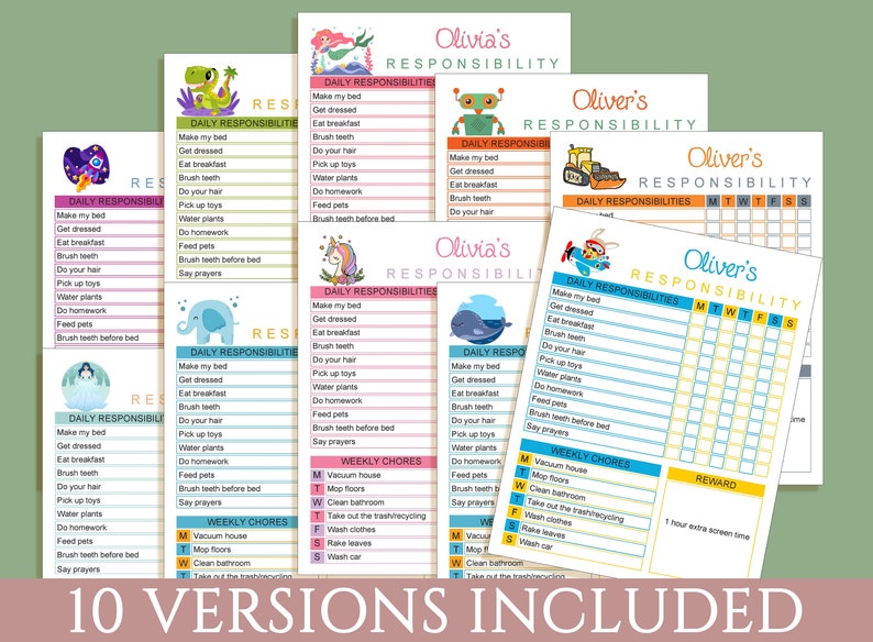 Editable 10-page Chore Chart for 8-year-olds, Themes: Space, Dinosaur ...