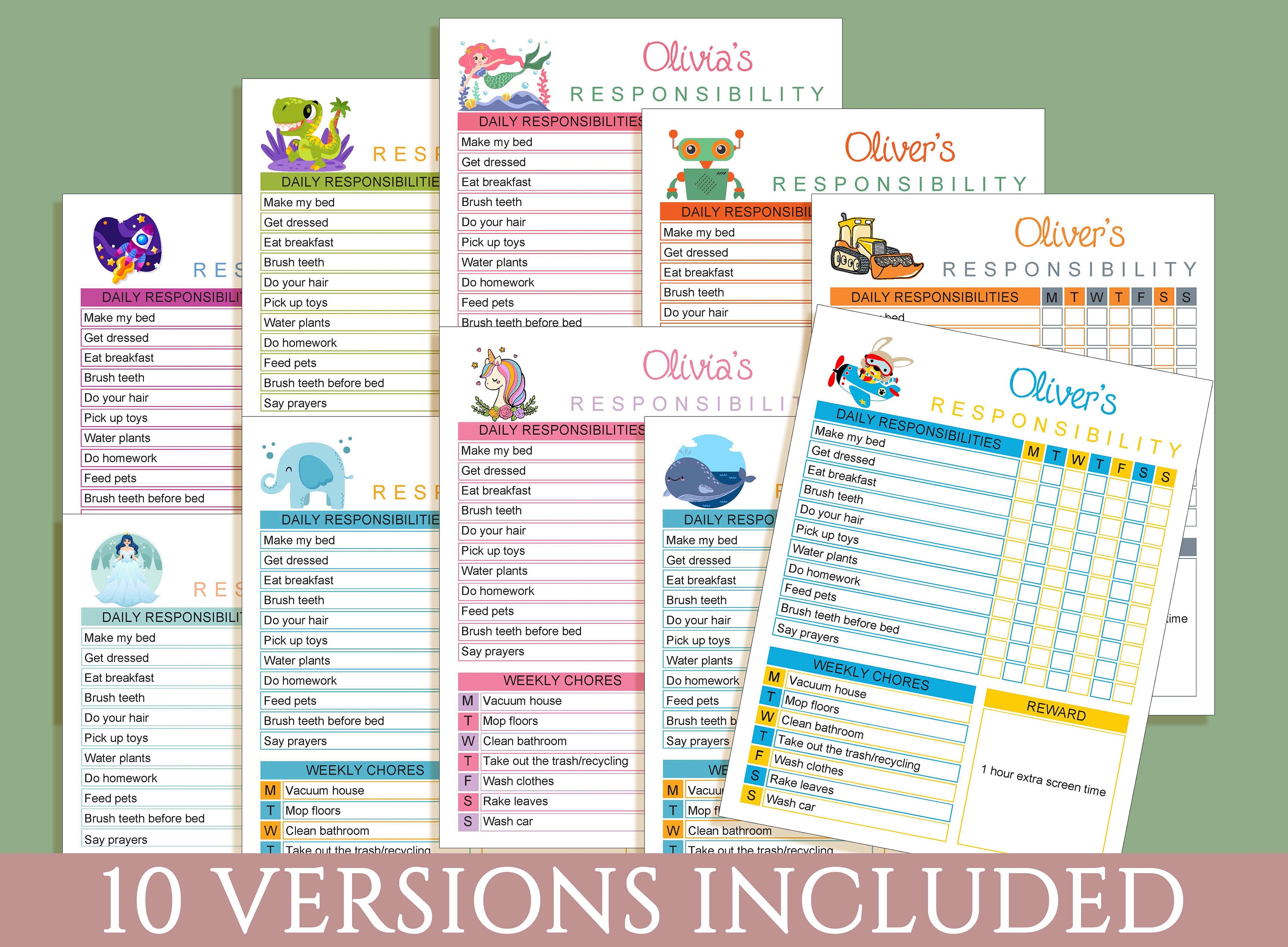 Editable 10-page Chore Chart for 8-year-olds, Themes: Space, Dinosaur ...
