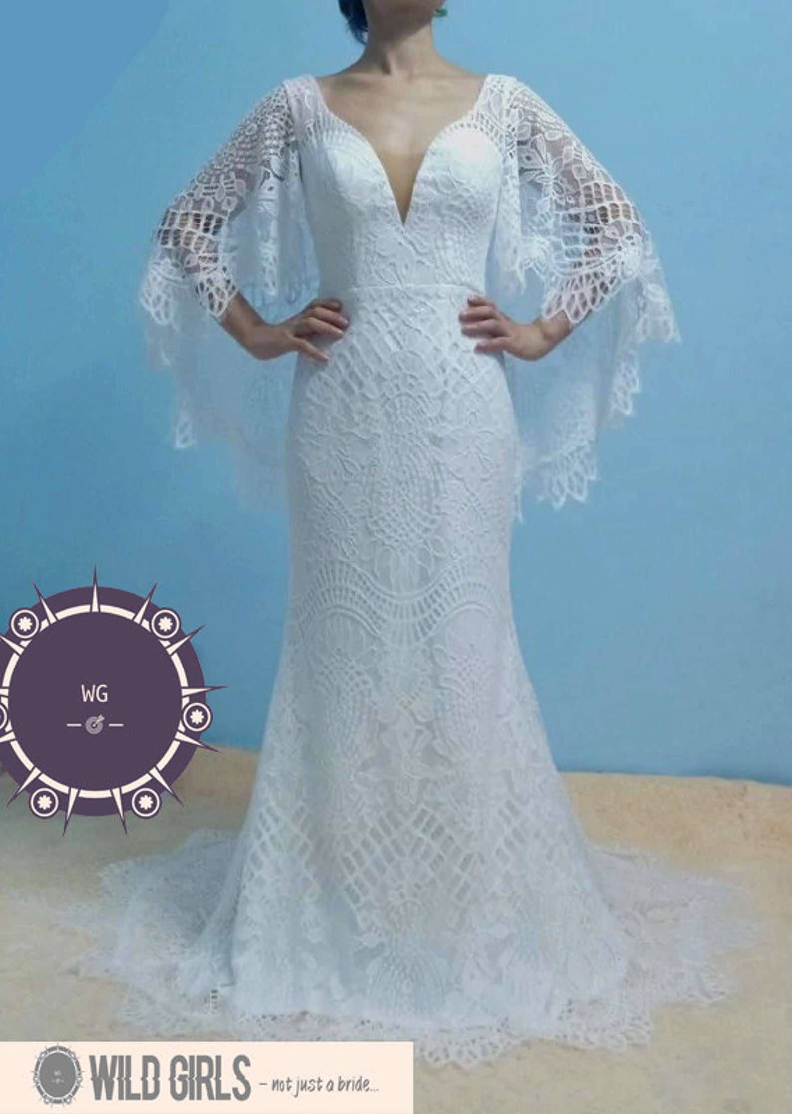 Bohemian Mermaid Bat Long Sleeve Lace Wedding Dresses V Neck - Etsy