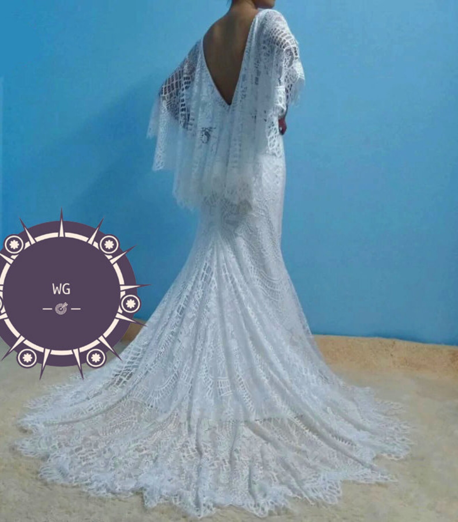 Bohemian Mermaid Bat Long Sleeve Lace Wedding Dresses V Neck - Etsy