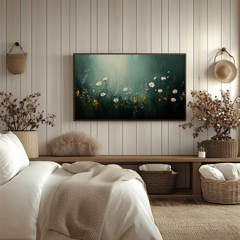 Wildflowers Frame TV Art, Dark Green Flower Paints, Dark Botanical ...
