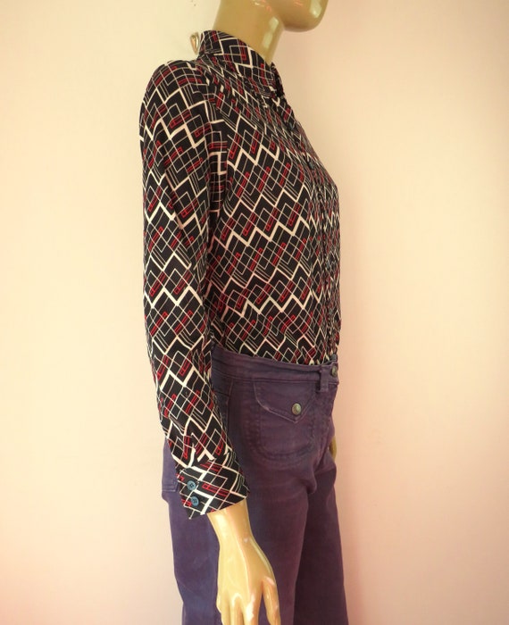 70s dagger collar shirt, mod zigzag pattern shirt, po… - Gem