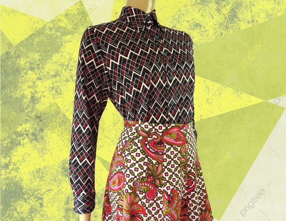 70s dagger collar shirt, mod zigzag pattern shirt, po… - Gem