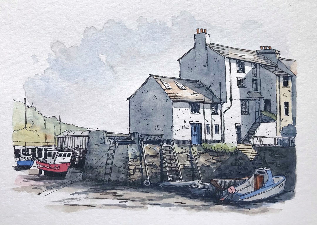 Polperro Cornwall Original Line and Wash Painting , Watercolour ...