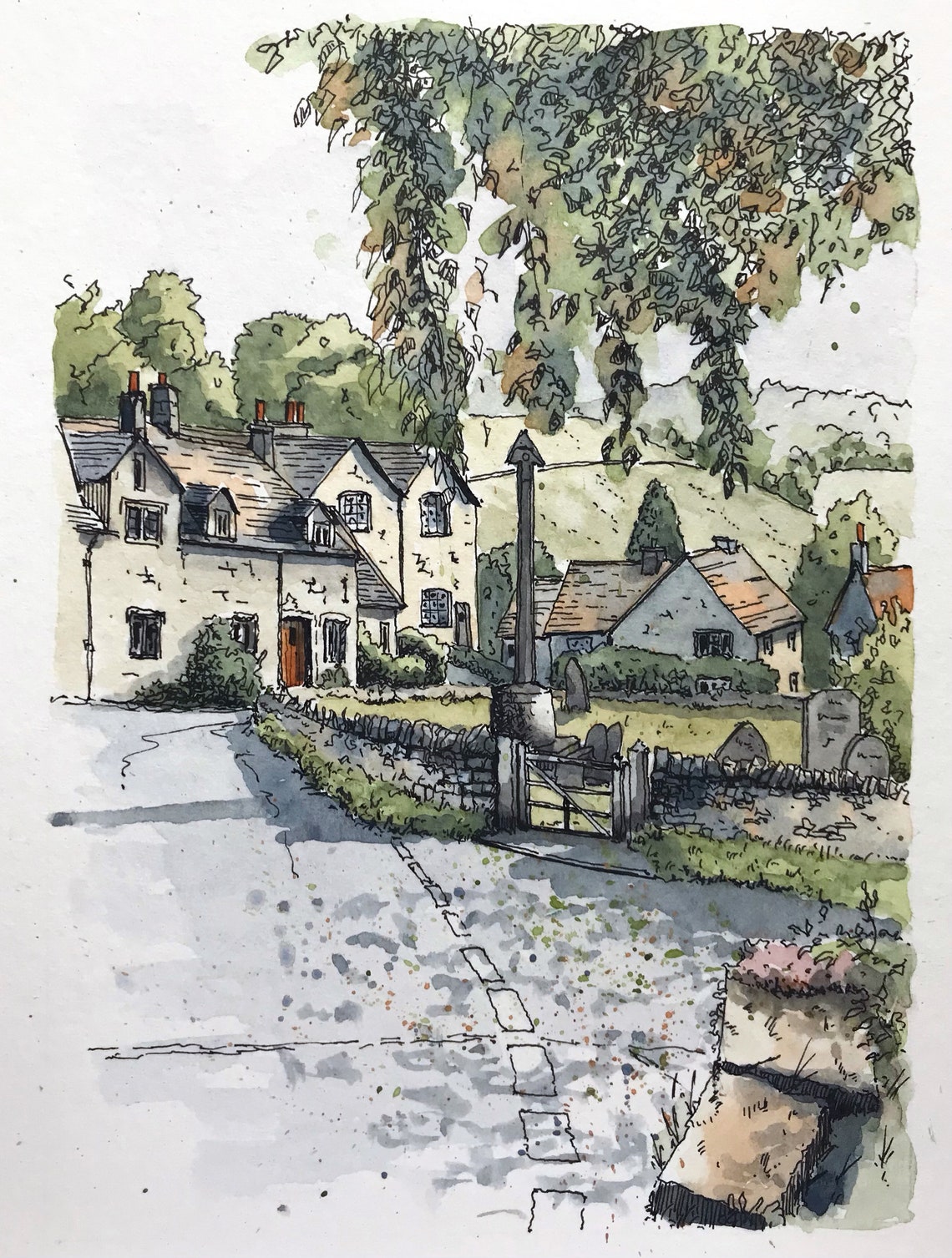 Snowshill Cotswolds Original Line and Wash, Watercolour Painting, Pen ...