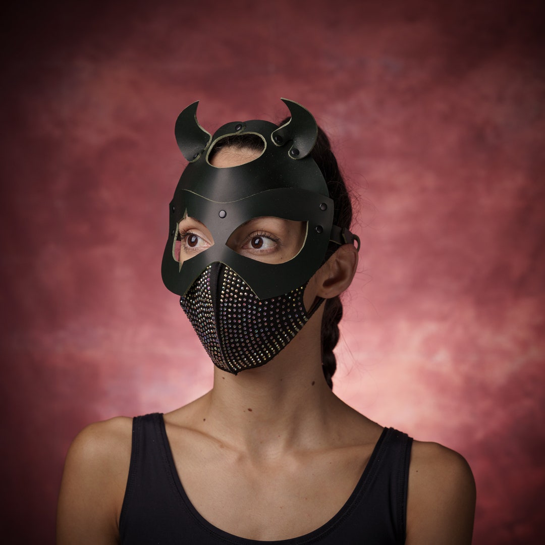 Genuine Leather Devil Mask, Dark Green Devil Mask, BDSM Leather Devil ...