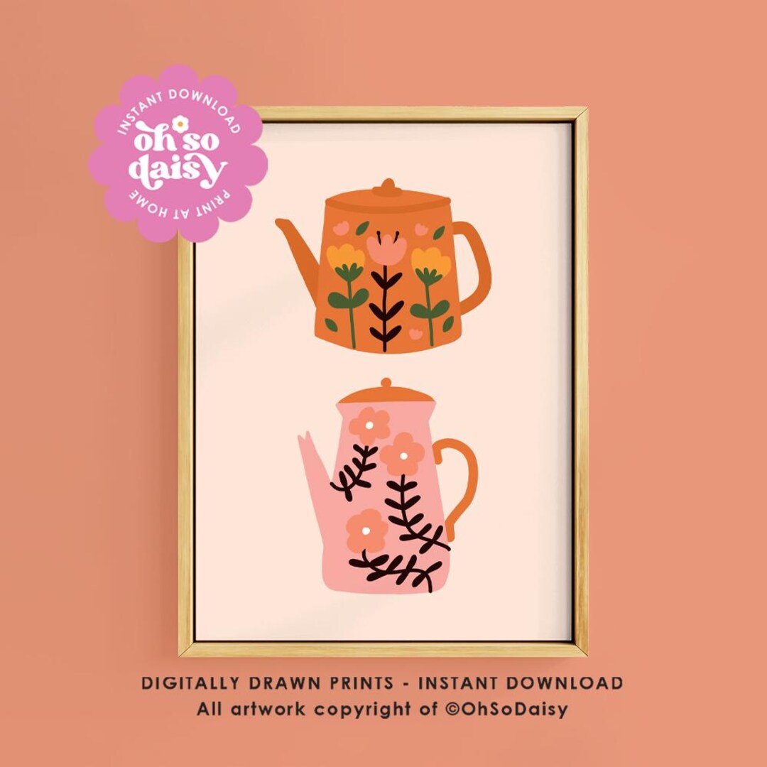 Retro Teapots Instant Download, Hand Drawn Digital Art, Vintage Boho ...
