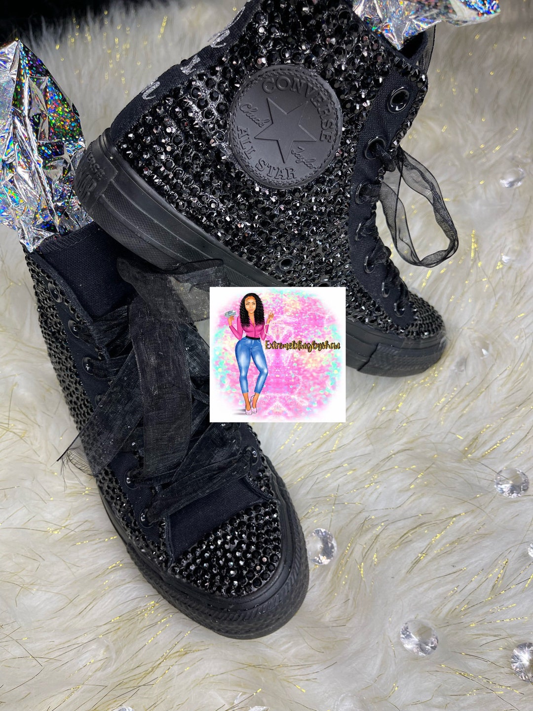 Custom Black Rhinestone Converse High Tops, Embellished Sneakers - Etsy