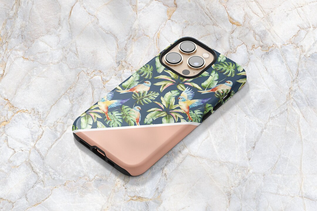 Tropical Monstera Palm Leaf Phone Case W/ Parrots & Color Block ...