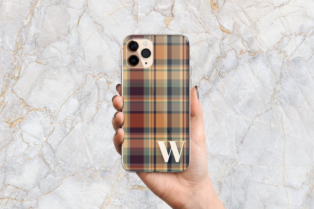 PERSONALIZED Fall Monogrammed Letter Phone Case in Plaid & Clear - Autumn Phone Case - iPhone 15 ...