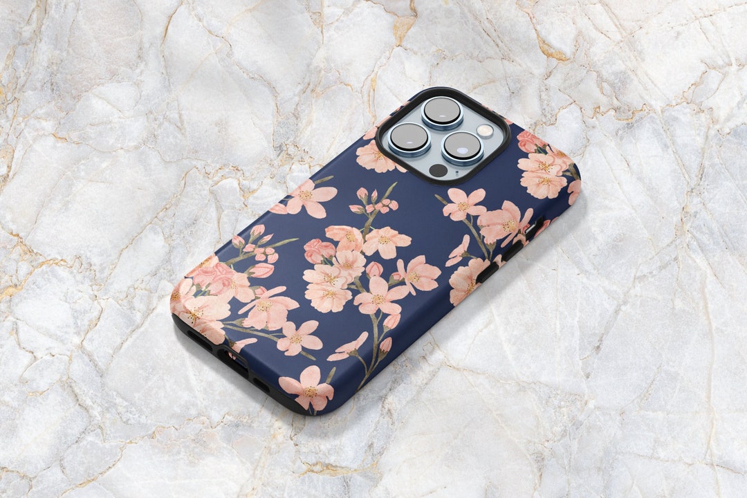 Pink Japanese Cherry Blossom Phone Case in Indigo Blue Spring Flower ...