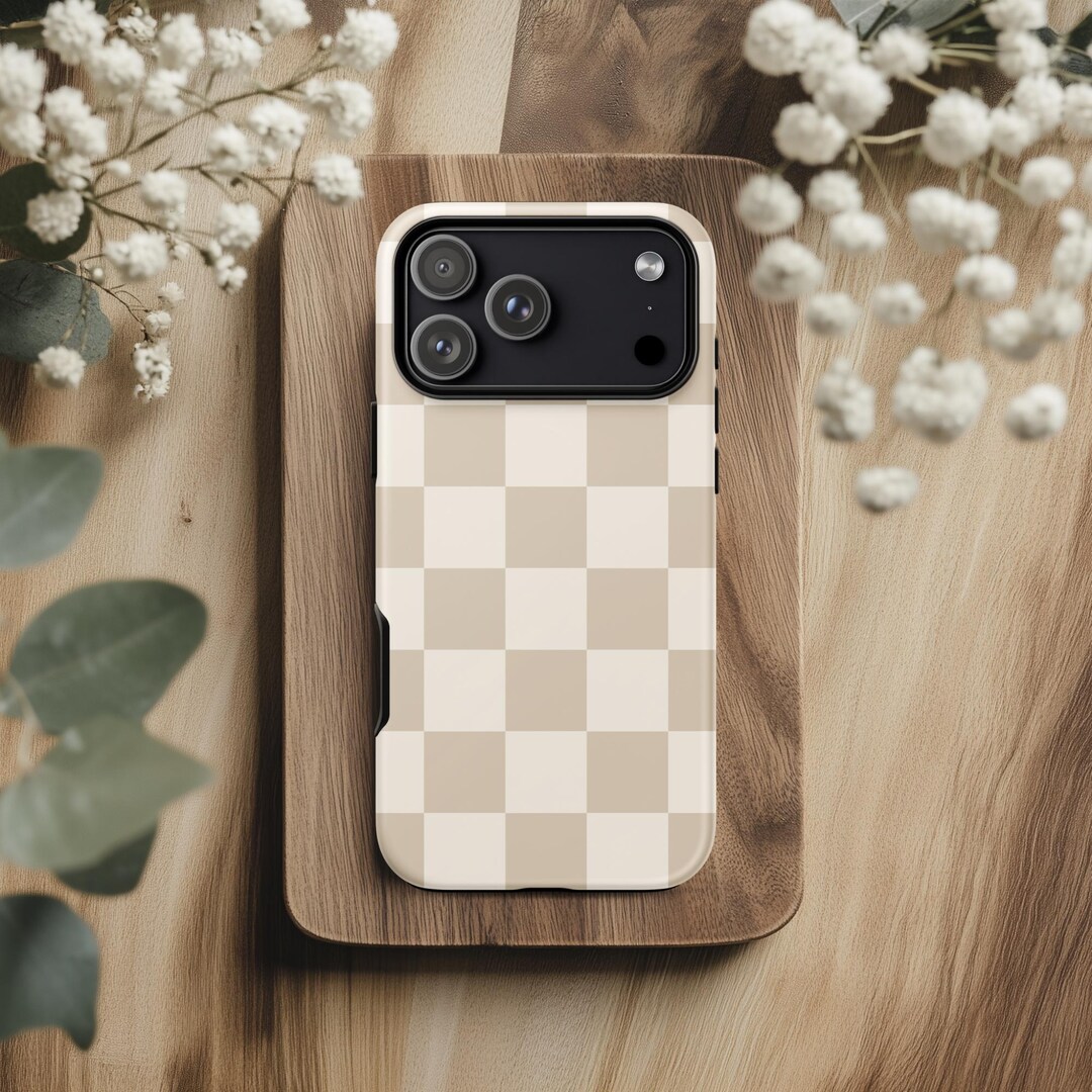 Beige & Cream Check Phone Case in Muted Neutrals - Checkered Phone Case ...