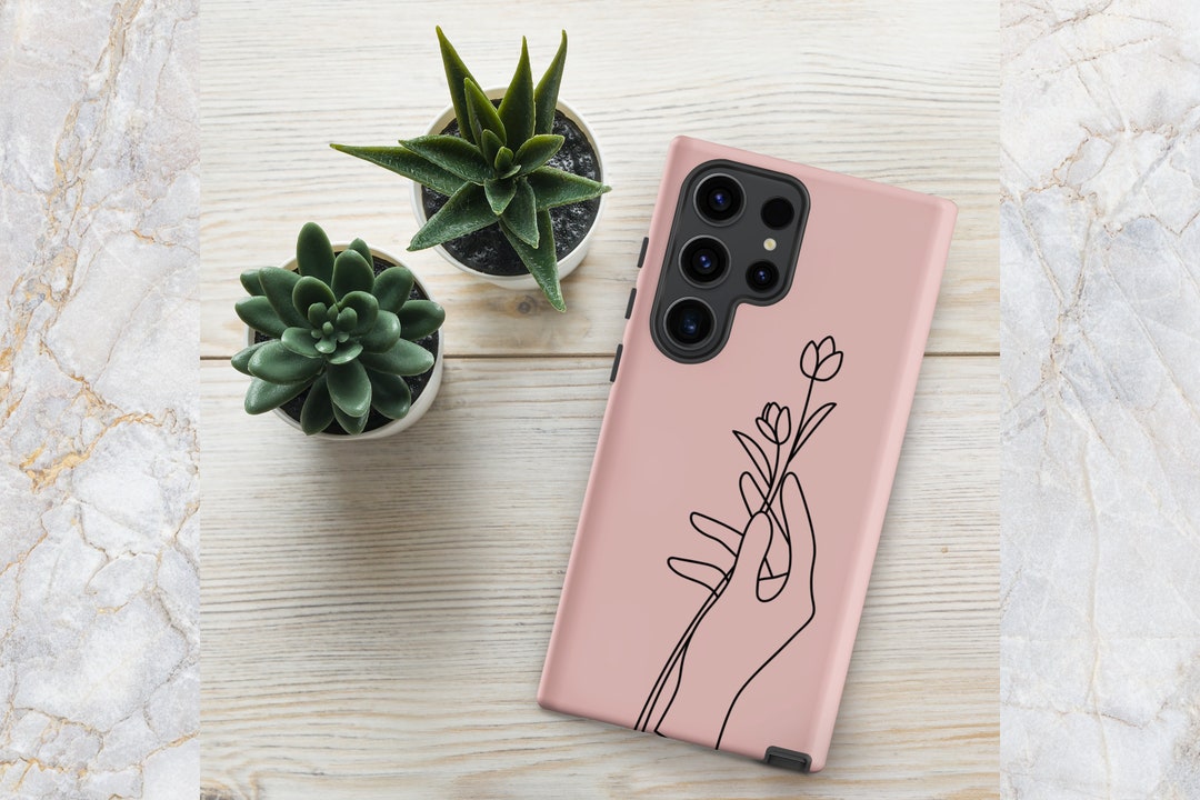 Samsung Line Art Hand & Flower Phone Case in Pink - Boho Earth Tones ...
