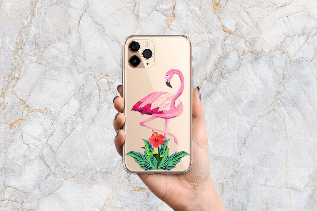 Tropical Flamingo Phone Case w/ Palm Leaves & Hibiscus Flower in Clear ...