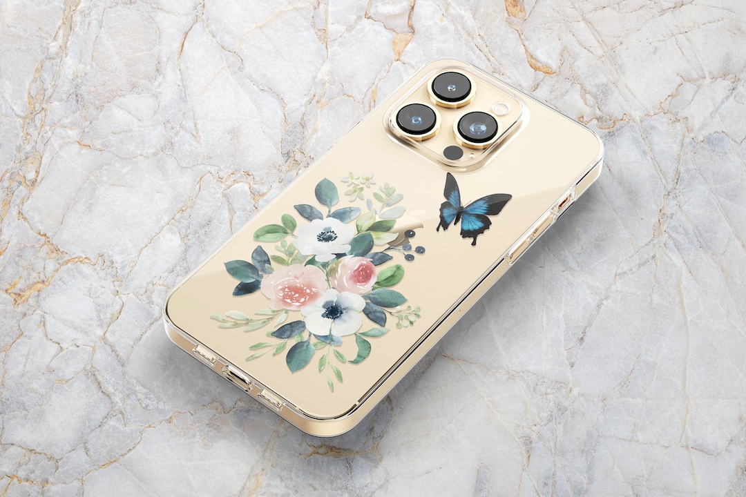 Blue Butterfly Phone Case W/ Roses in Clear - Spring Butterfly W ...