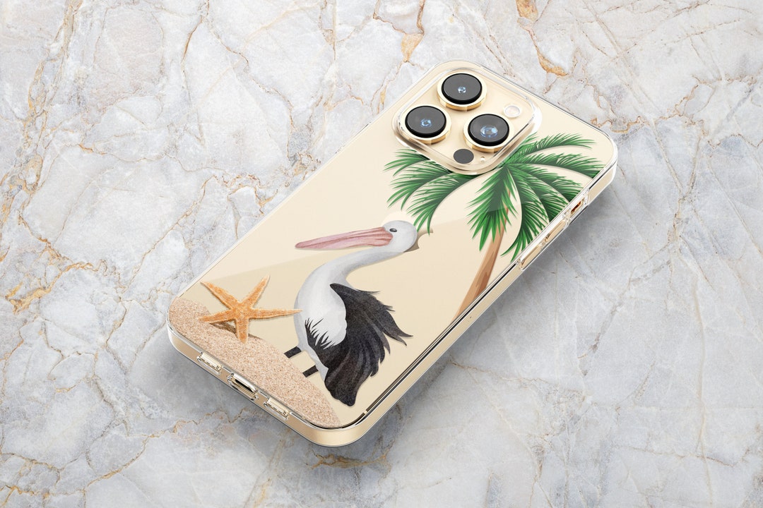 Tropical Beach Pelican Phone Case W/ Palm Tree in Clear - Coastal ...