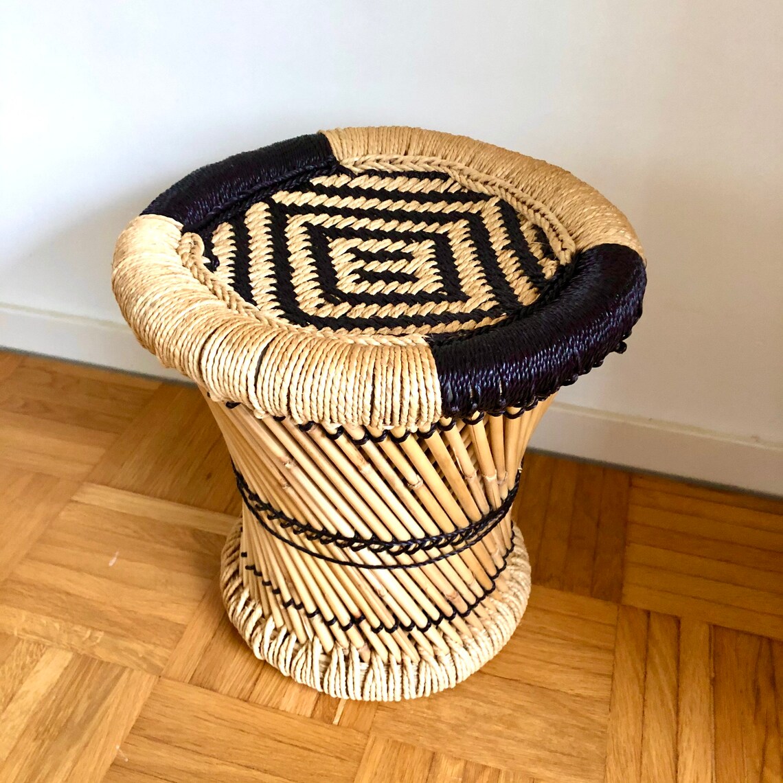 Vintage Reed Rotan String Stool Side Table Diabolo Drum - Etsy