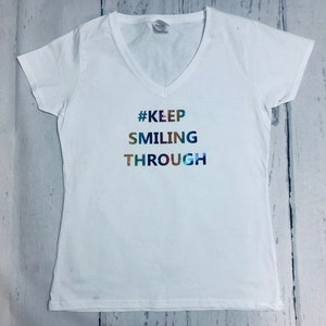 Keep Smiling V Neck Womens T-shirts - Positive Vibes - Rainbow Effect ...