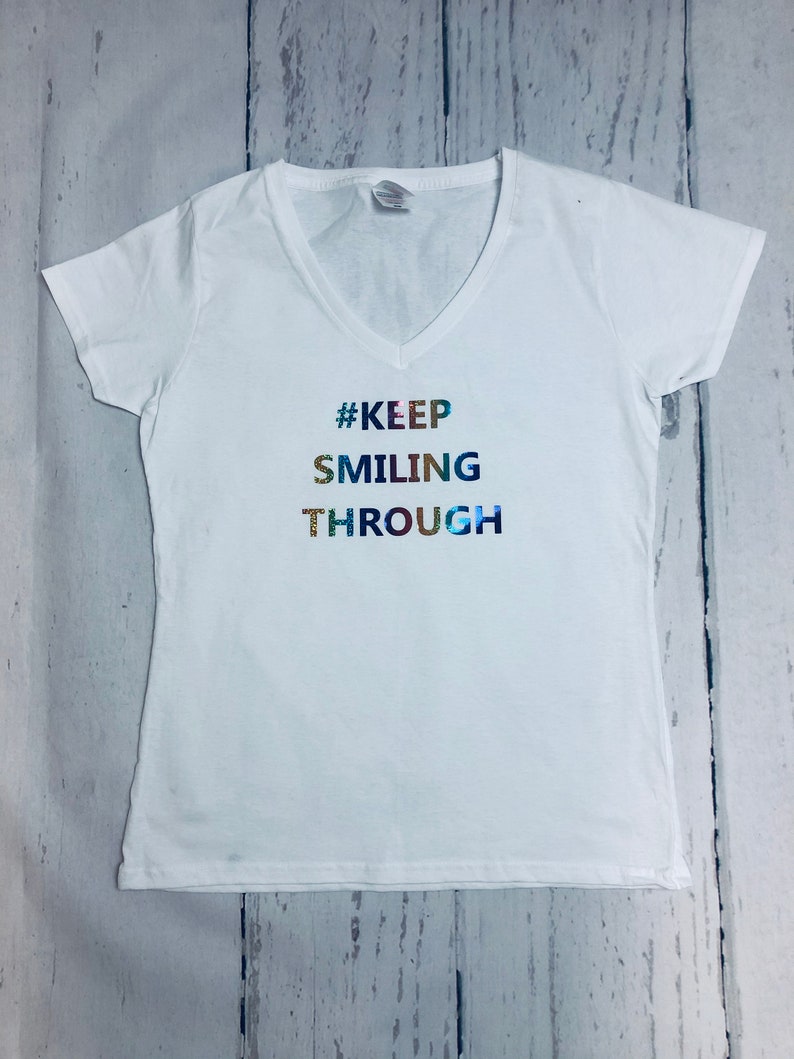 Keep Smiling V Neck Womens T-shirts - Positive Vibes - Rainbow Effect ...