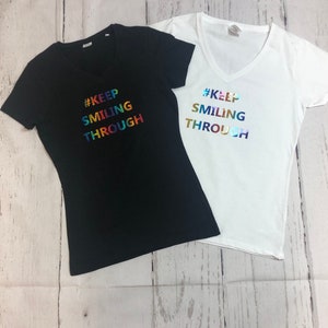 Keep Smiling V Neck Womens T-shirts - Positive Vibes - Rainbow Effect ...