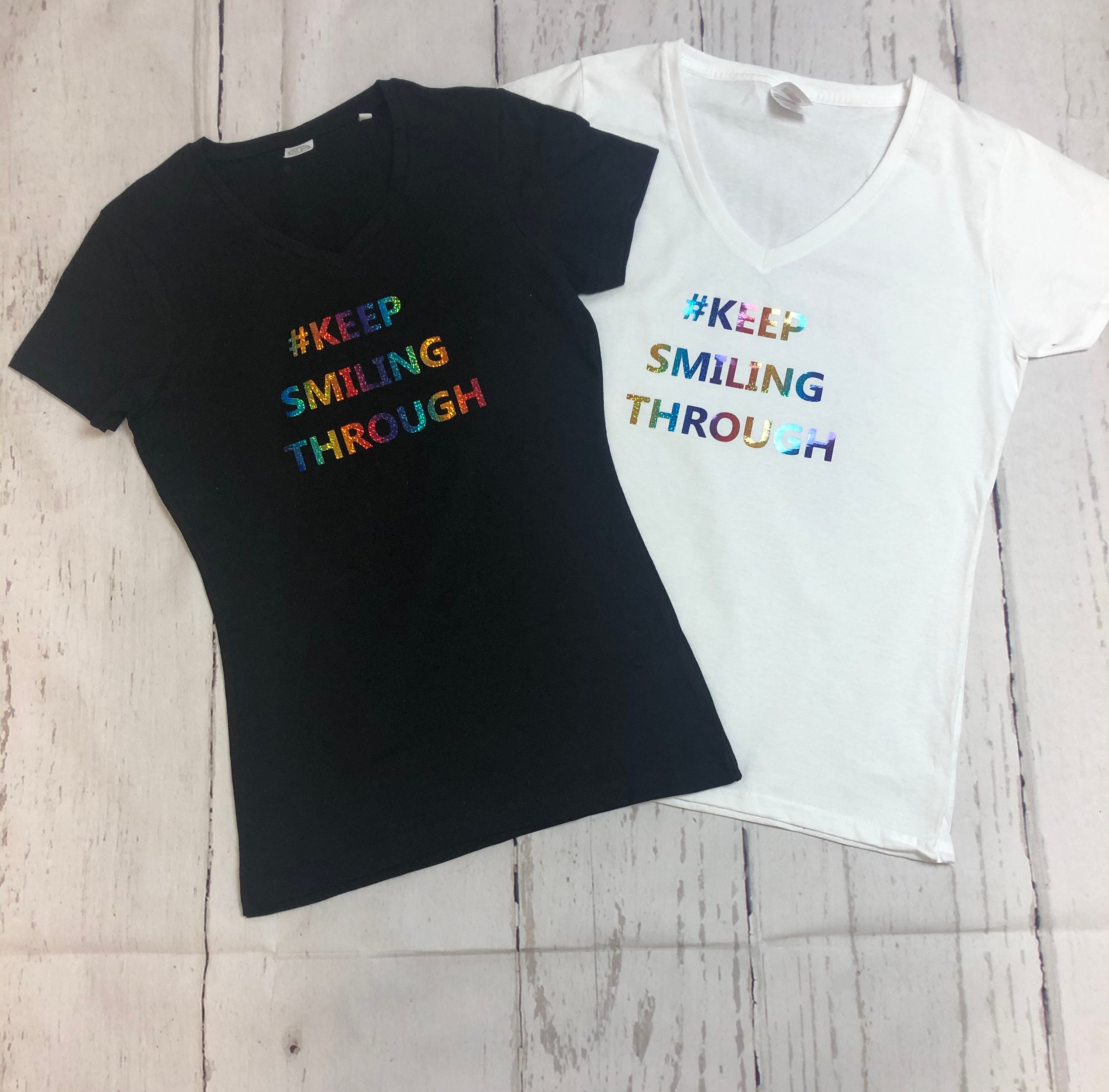 Keep Smiling V Neck Womens T-shirts - Positive Vibes - Rainbow Effect ...