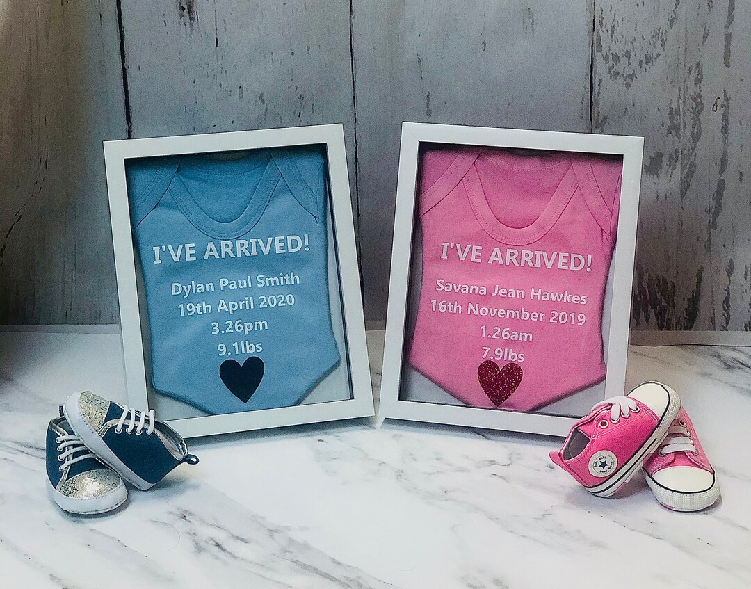 Newborn Baby Arrival Useable Keepsake Personalised Babygrow in a Frame ...