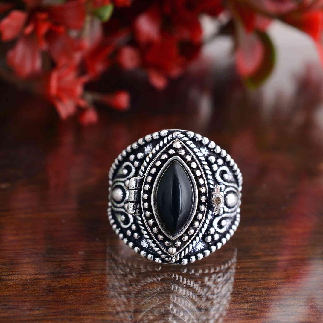 Poison Box Ring, Natural Black Onyx Poison Box Ring, Handmade Ring ...