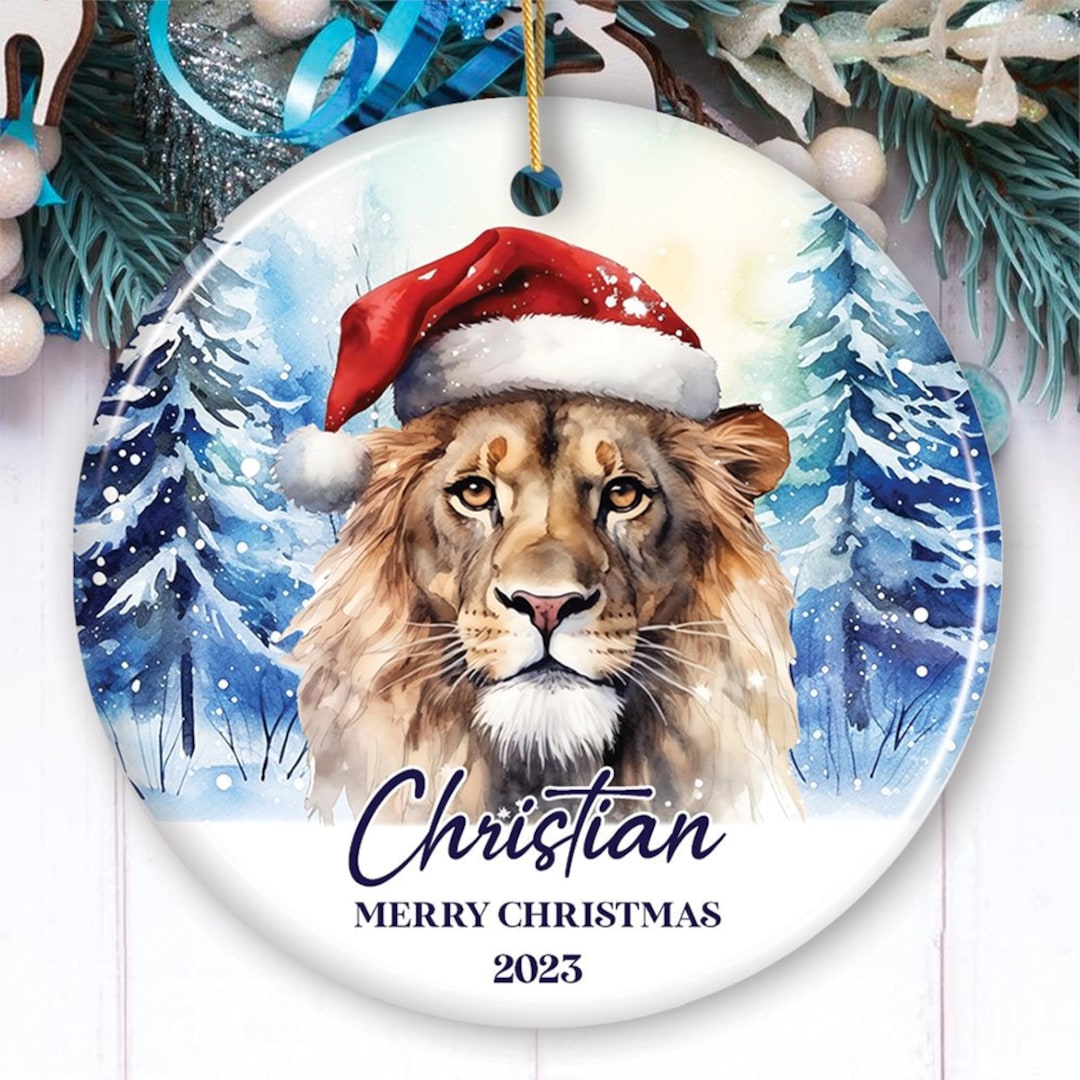 Lion With Santa Hat Personalized Ornament, Winter Forest Christmas Gift ...
