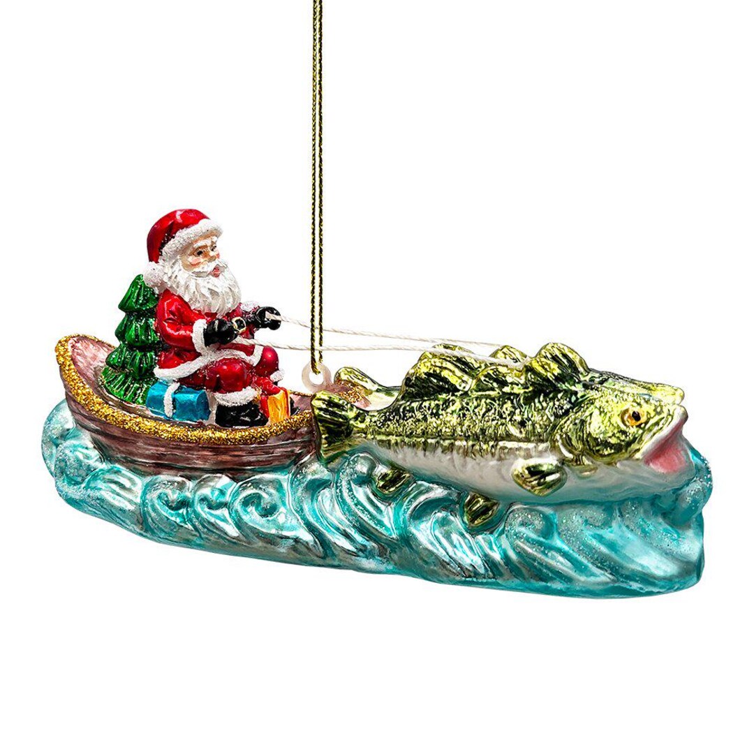 Santa's Fishing Adventure Glass Christmas Ornament, Holiday Angler Fish ...