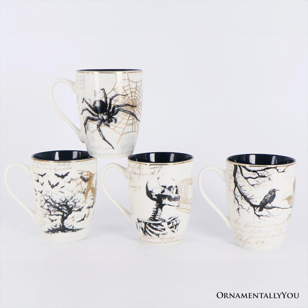 Elegant Goth Set of 4 Ceramic Mugs With Real Gold Trim, Black and White ...