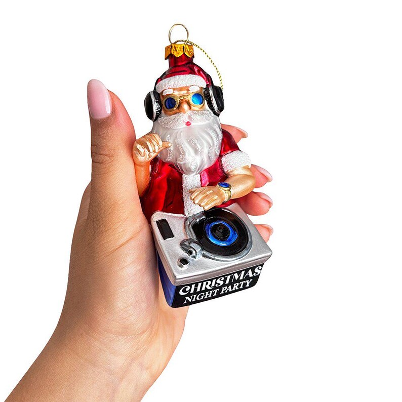 DJ Santa Spinning Christmas Party Glass Ornament, Headphones and Music ...