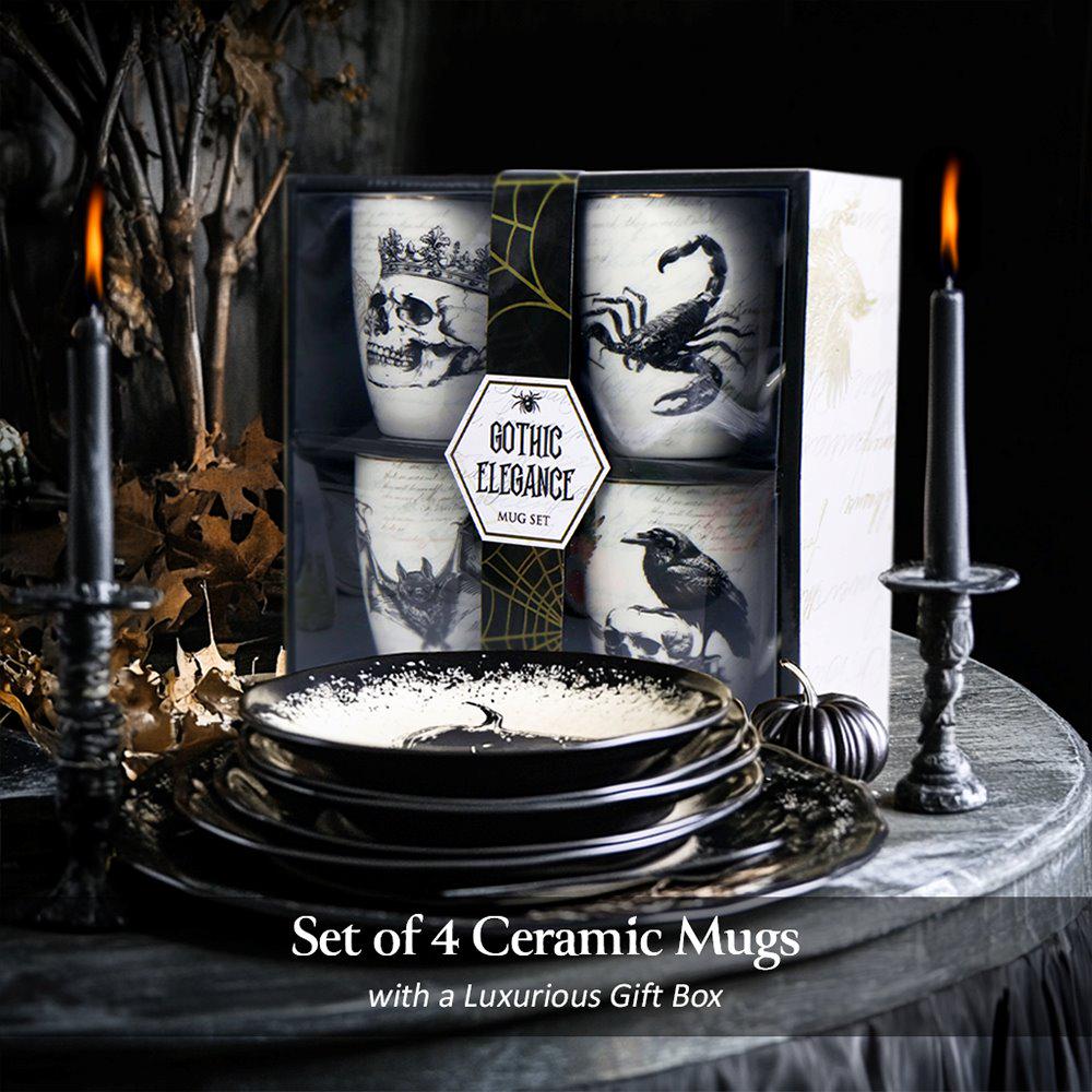 Elegant Goth Set of 4 Ceramic Mugs With Real Gold Trim, Black and White ...