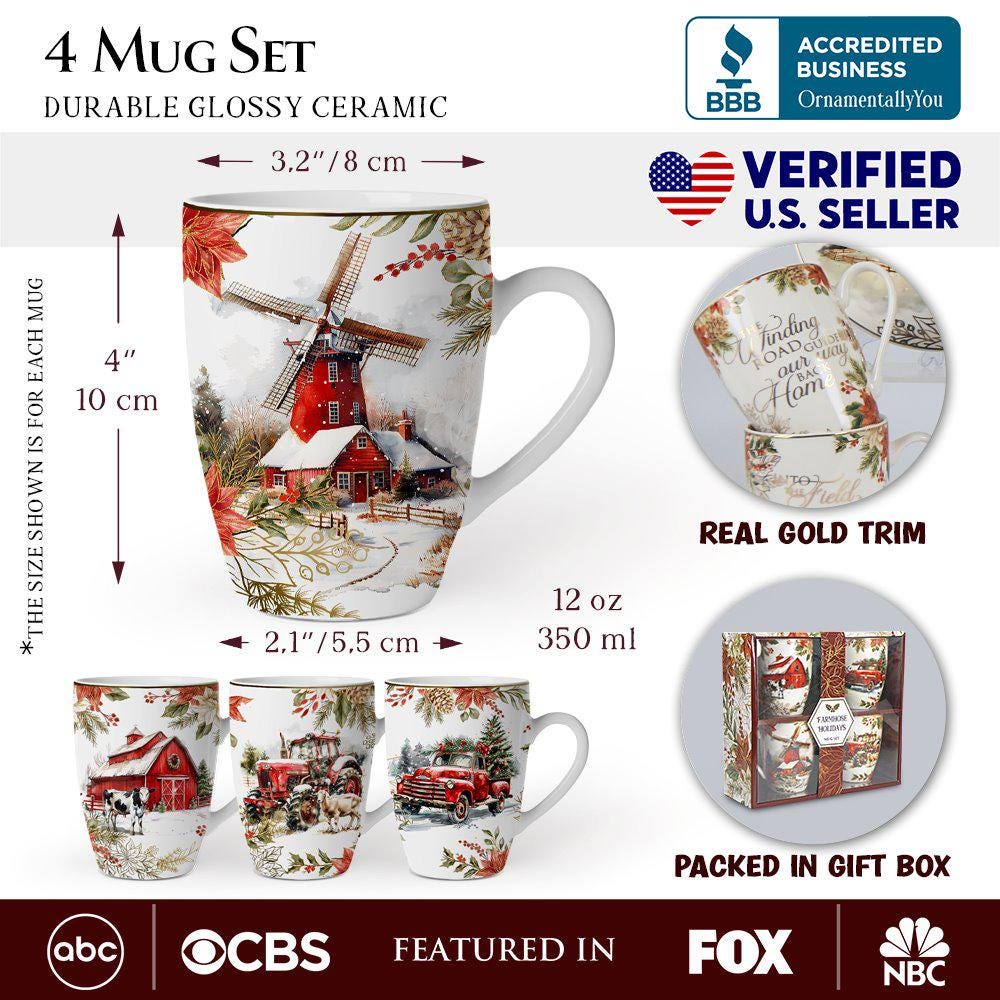 Fancy Farmhouse Holiday Set of 4 Ceramic Mugs With Real Gold Trim ...