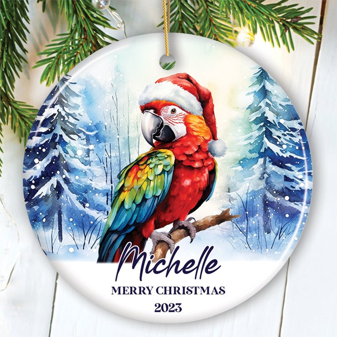 Macaw Parrot With Santa Hat Personalized Ornament, Winter Forest ...
